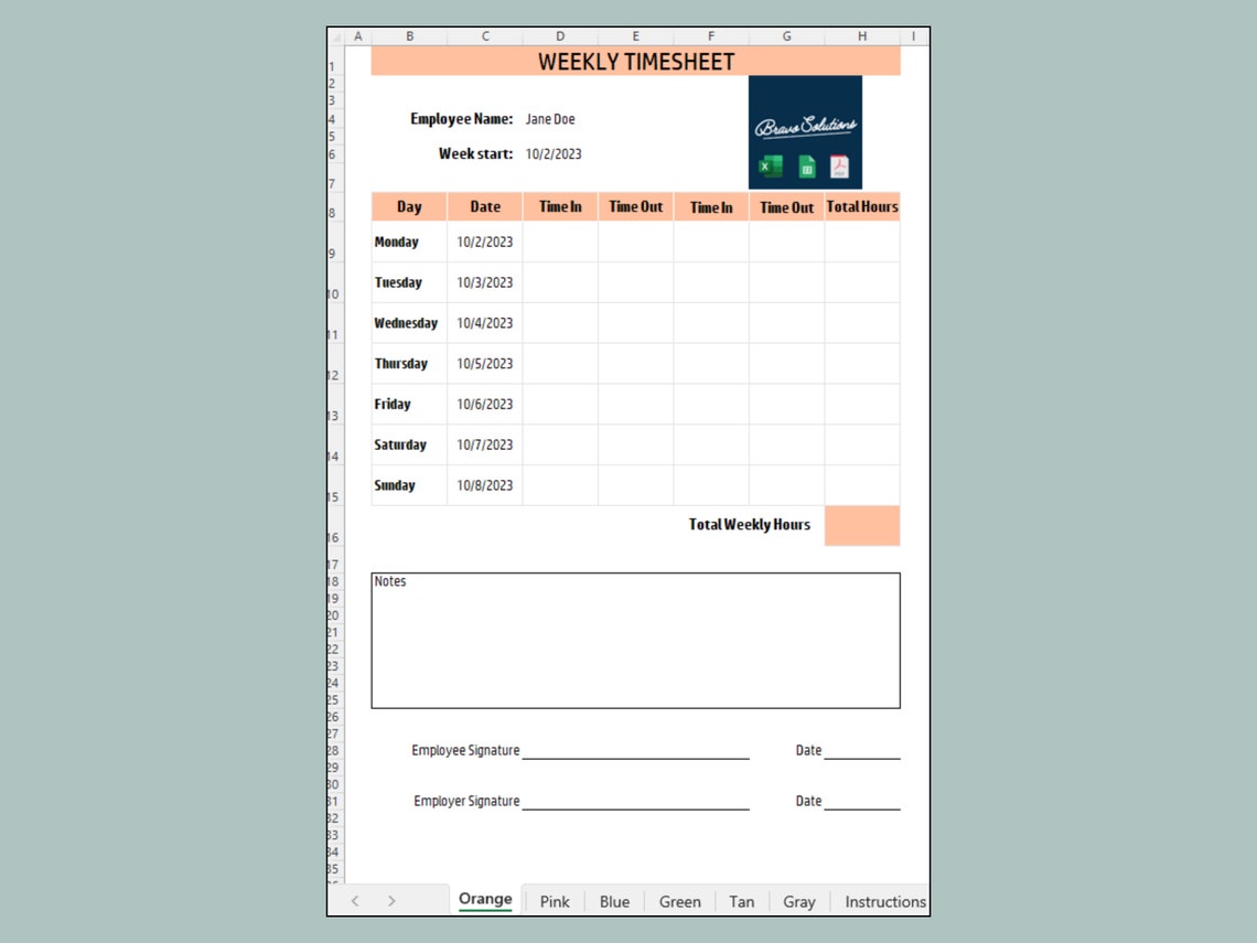 Weekly Employee Timesheet | Editable Time Sheet Template | Personal ...