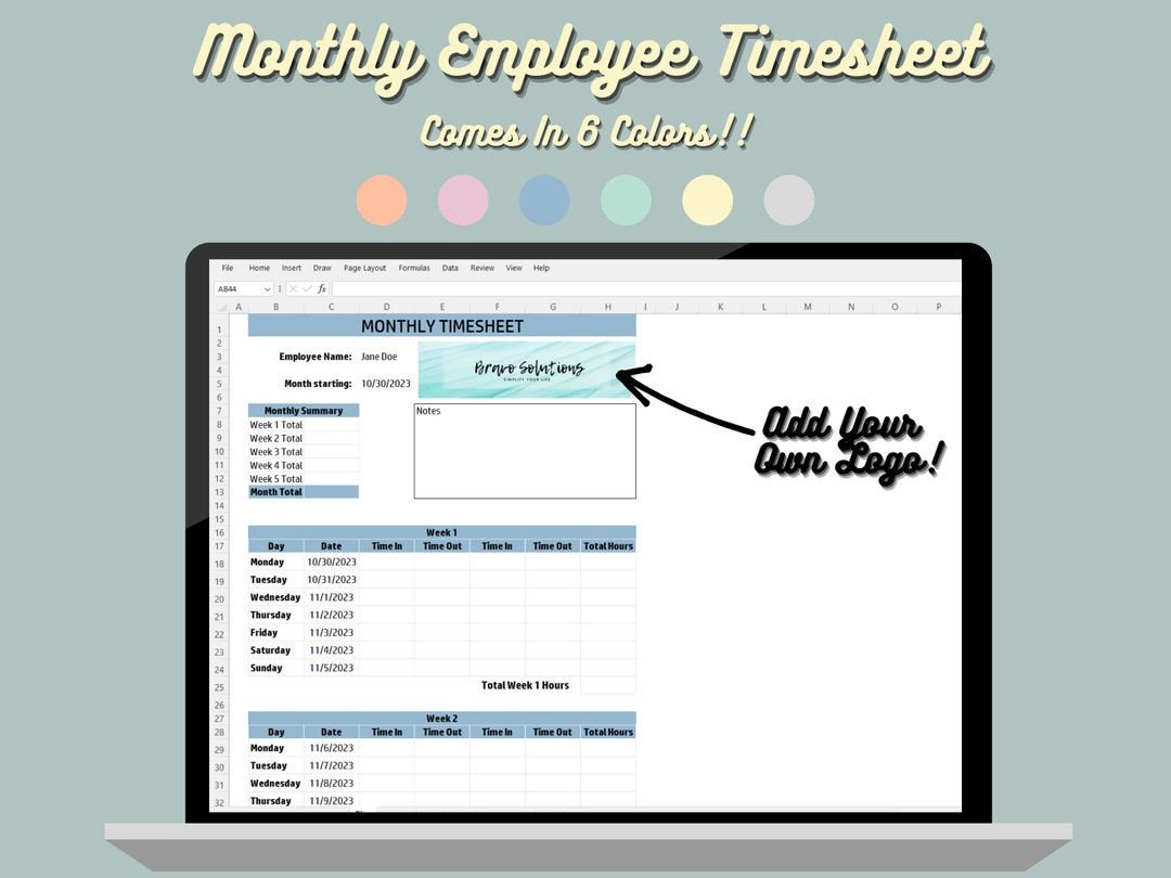 Monthly Employee Timesheet | Editable Time Sheet Template | Personal ...