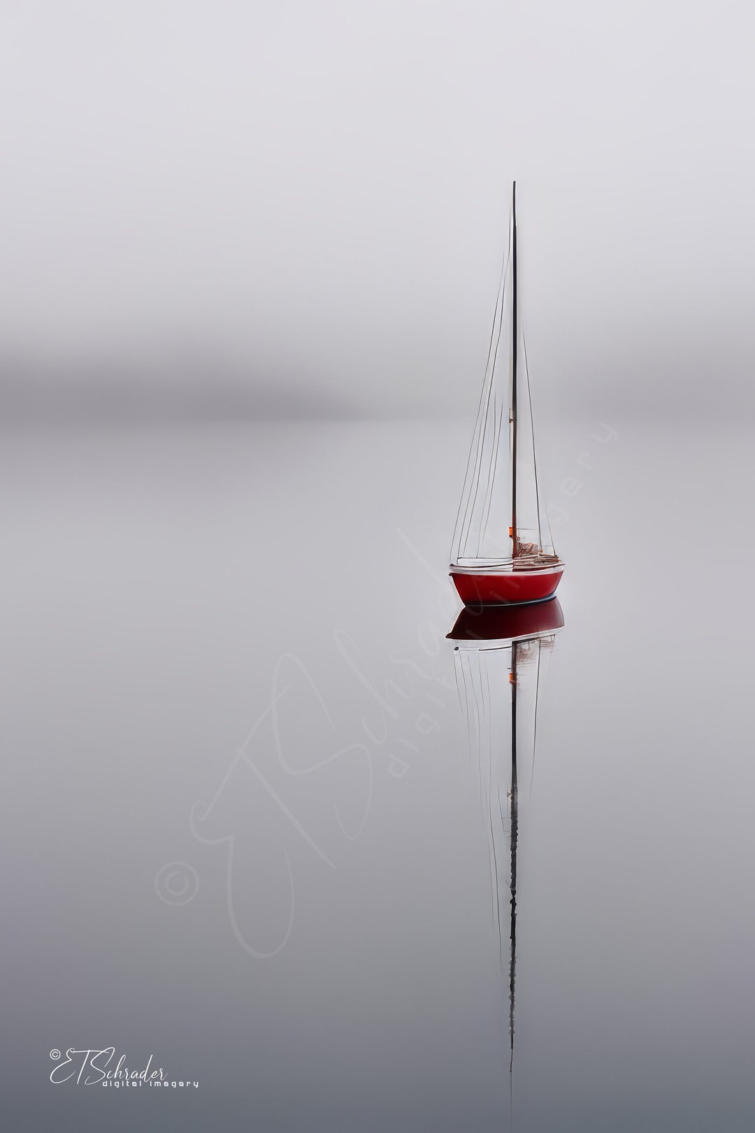 Solitary Maritime Sentinel - Digital Print | White Sail Red Boat ...