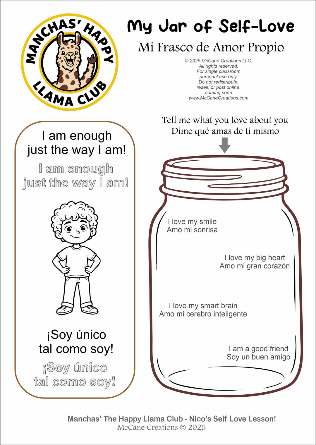 Bilingual Self-love Mason Jar Activity | Nico's Happy Llama Club SEL - Etsy