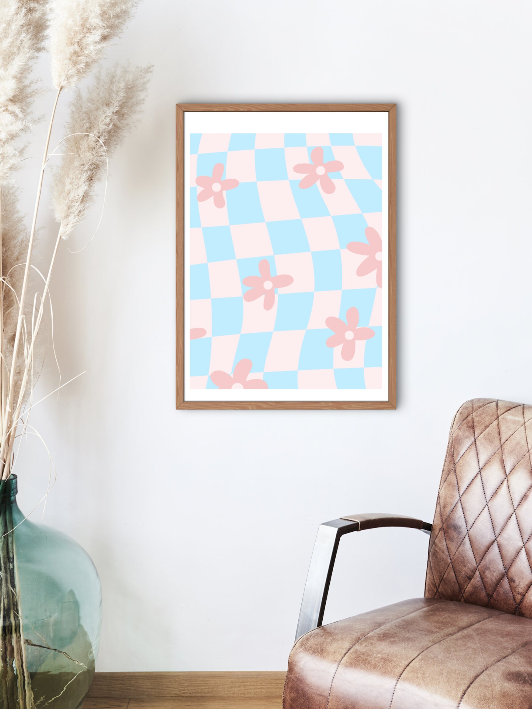 Baby Blue Pink Checkered Floral Digital Art Print Instant Download ...