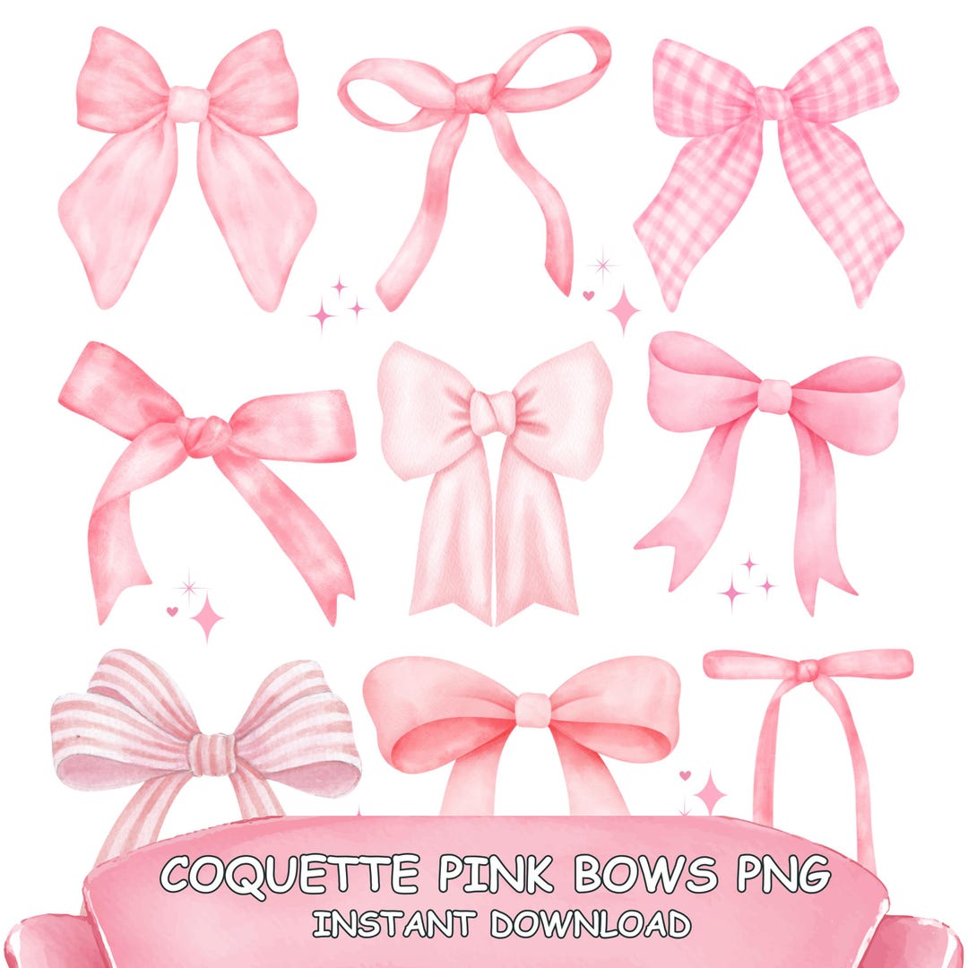 Coquette Pastel Pink Bows PNG, Collage Watercolor Bows Clipart (digital ...