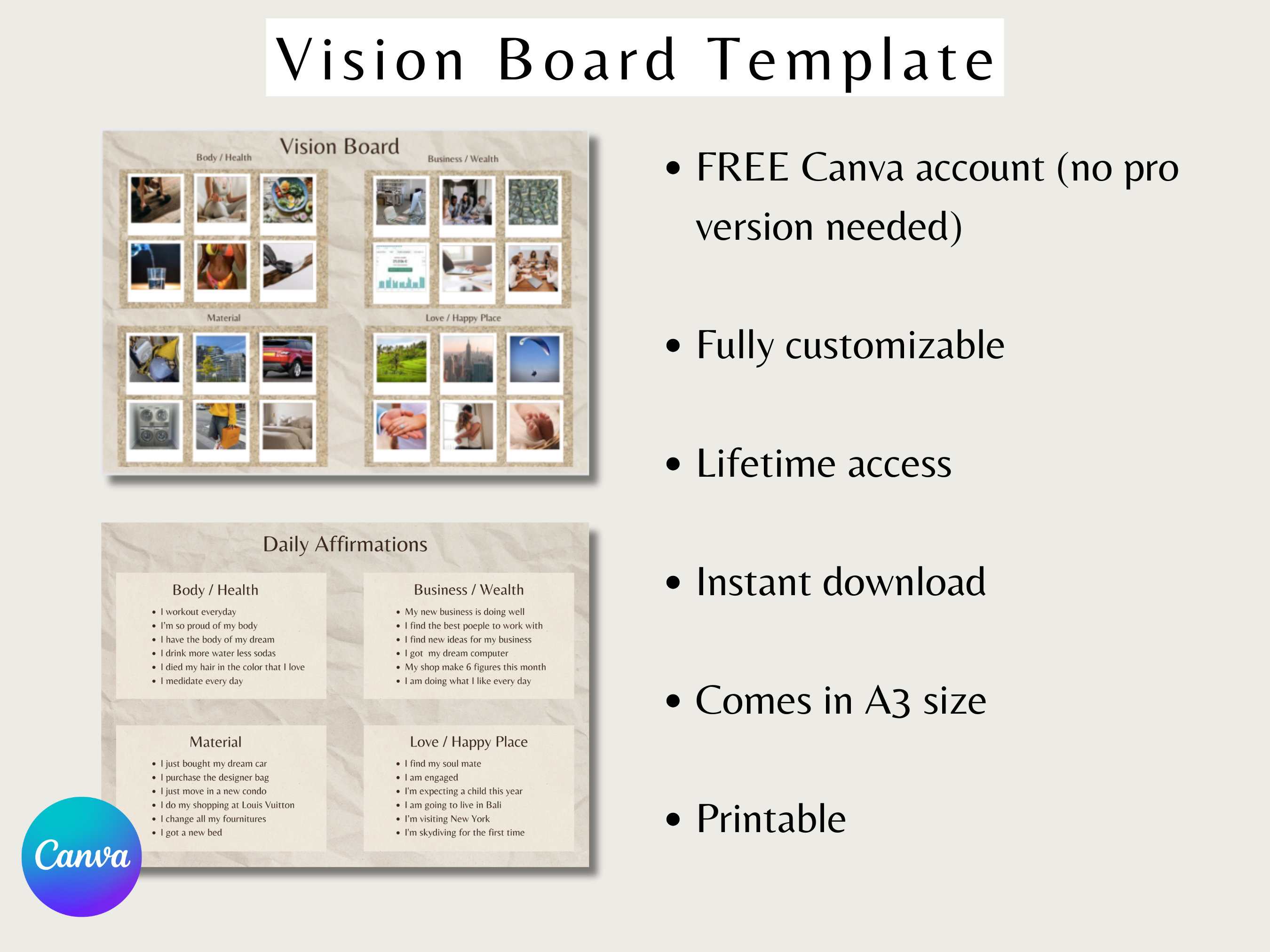 Vision Board Template Kit Editable Printable for Manifesting and Create ...