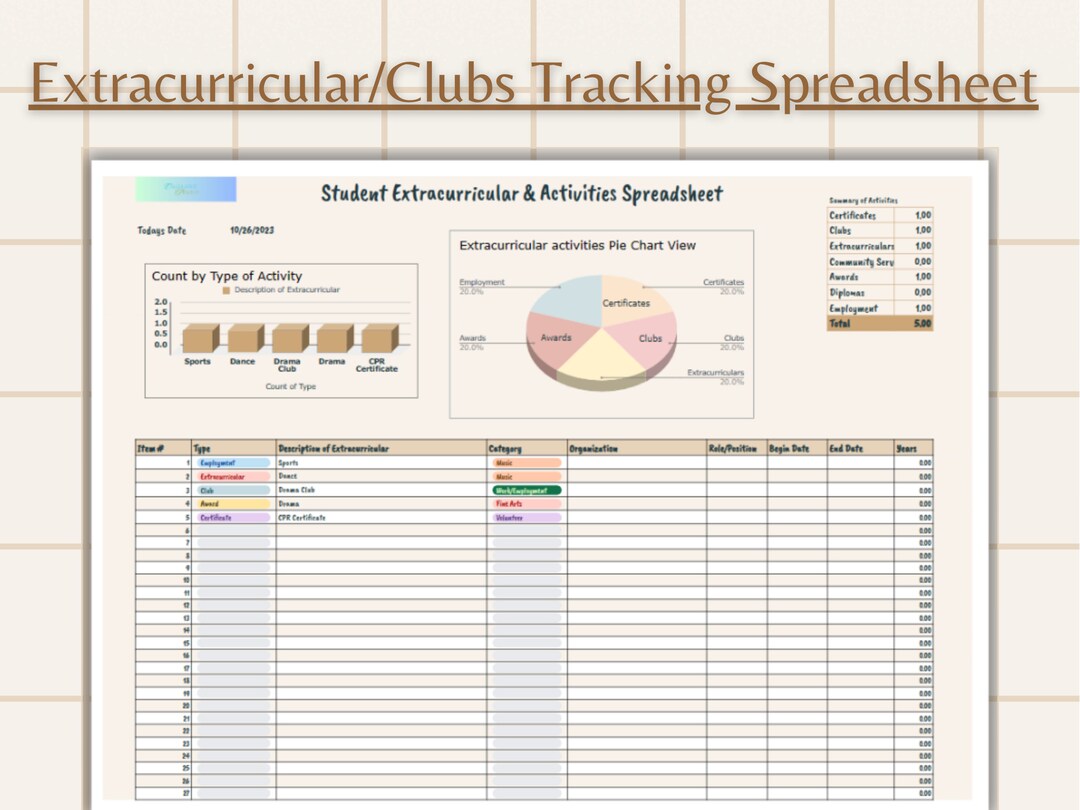 Extracurriculars ,clubs, Activities Tracker Spreadsheet, Students Be ...