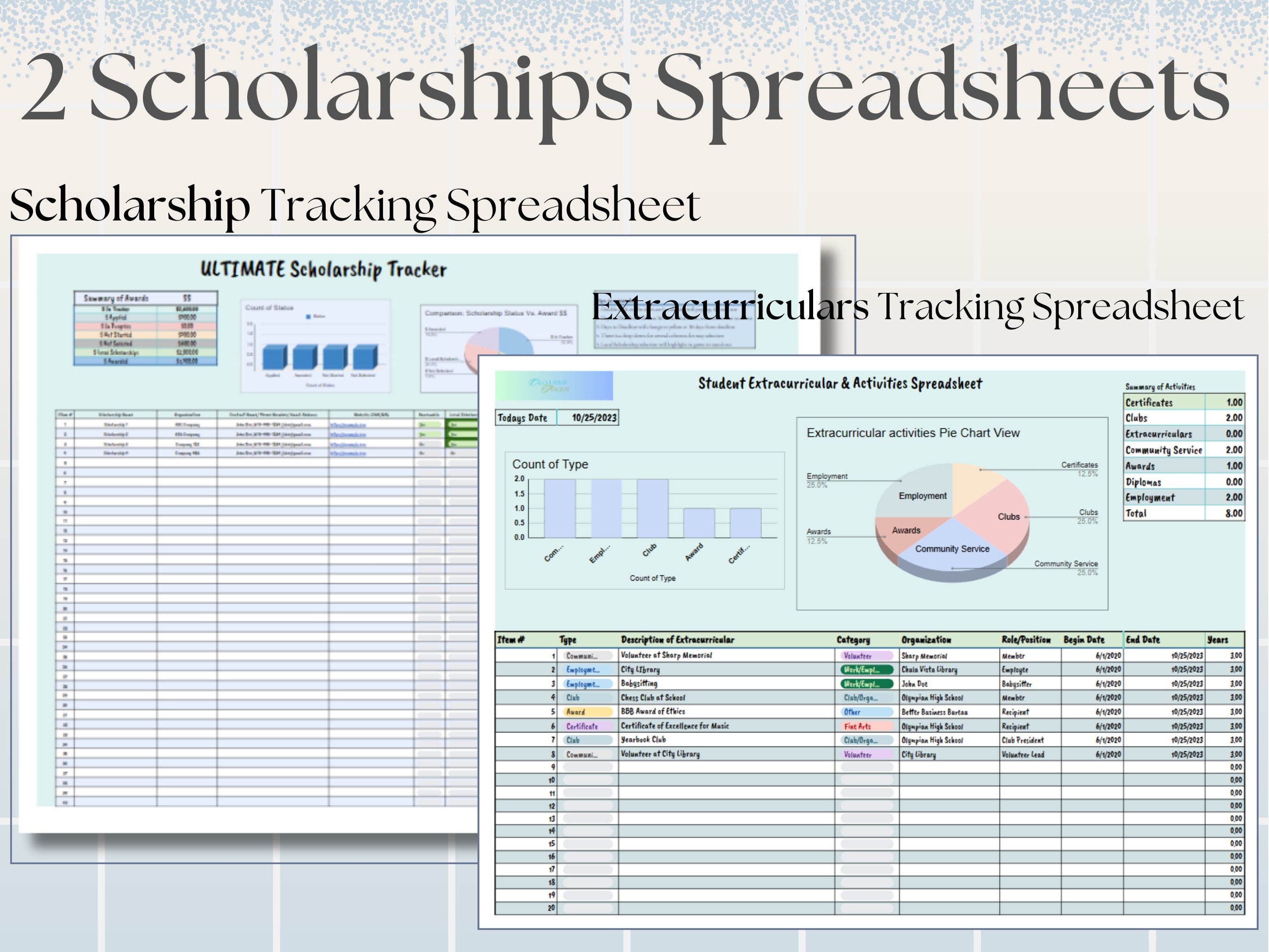 Scholarship Tracker & Extracurricular Activities Spreadsheet ...