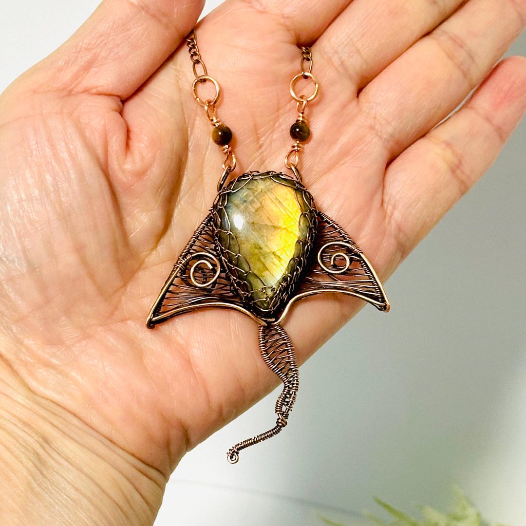 Handmade Copper Wire Wrap Manta Ray Labradorite Pendant, Gold Gemstone ...