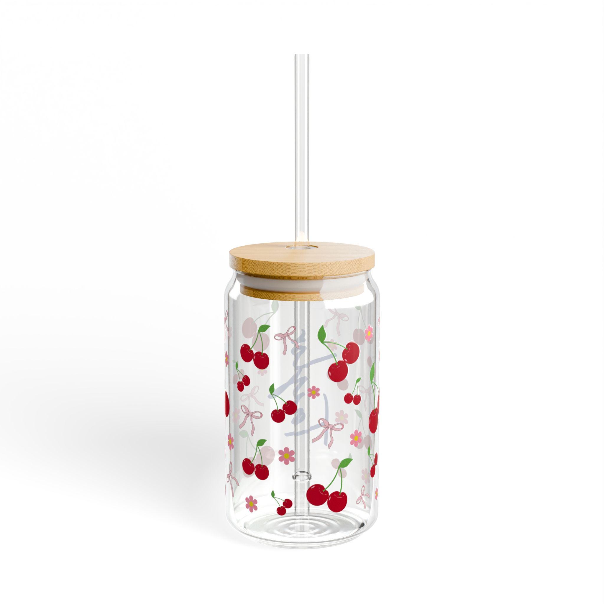 Personalized Cherry Glass With Lid Straw 16oz Glass Can Daisy Pink Bow ...