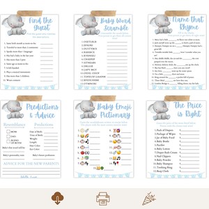 Elephant Baby Shower Games Bundle, Printable Blue Elephant Baby Shower ...