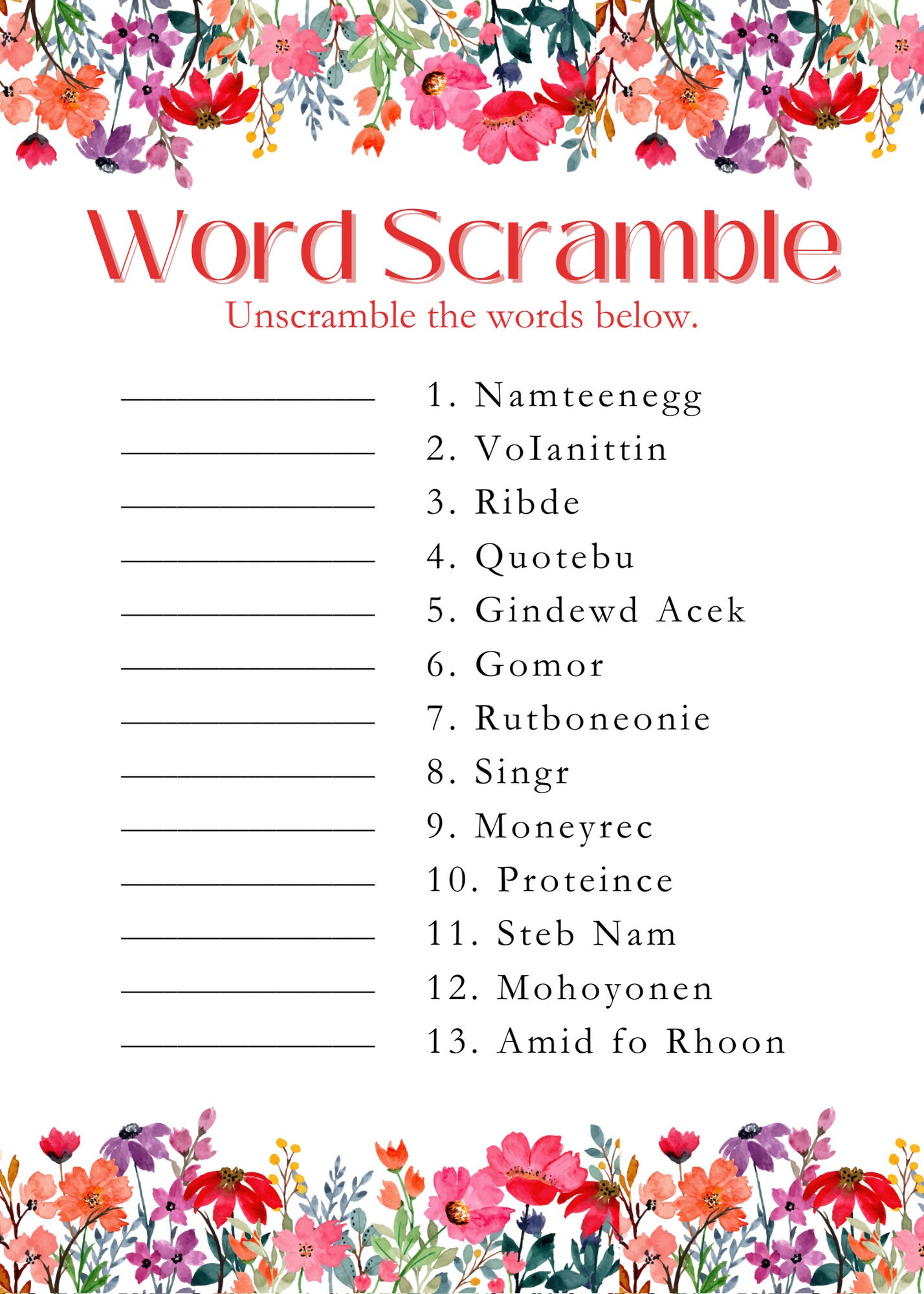 Boho Floral Bridal Shower Games Bundle, Wildflower Printable Games, Red ...