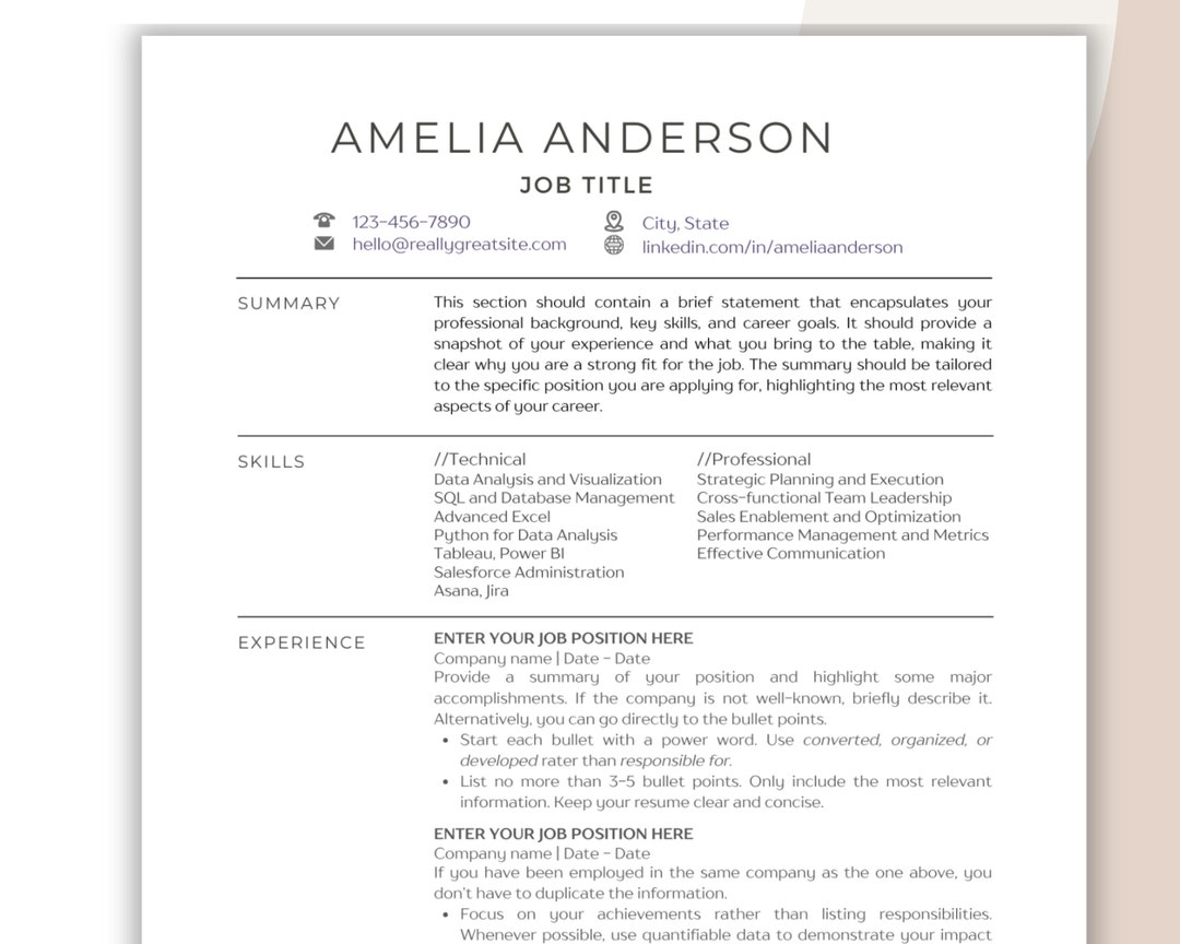 Professional Minimalist Resume Template, Editable, ATS Friendly, Simple ...