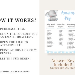 Elephant Baby Shower Games Bundle, Printable Blue Elephant Baby Shower ...