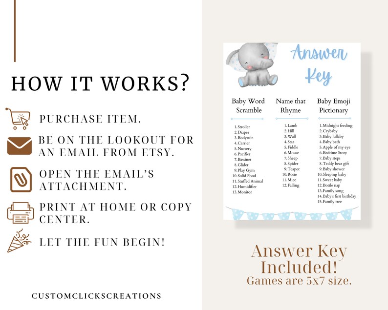 Elephant Baby Shower Games Bundle, Printable Blue Elephant Baby Shower ...
