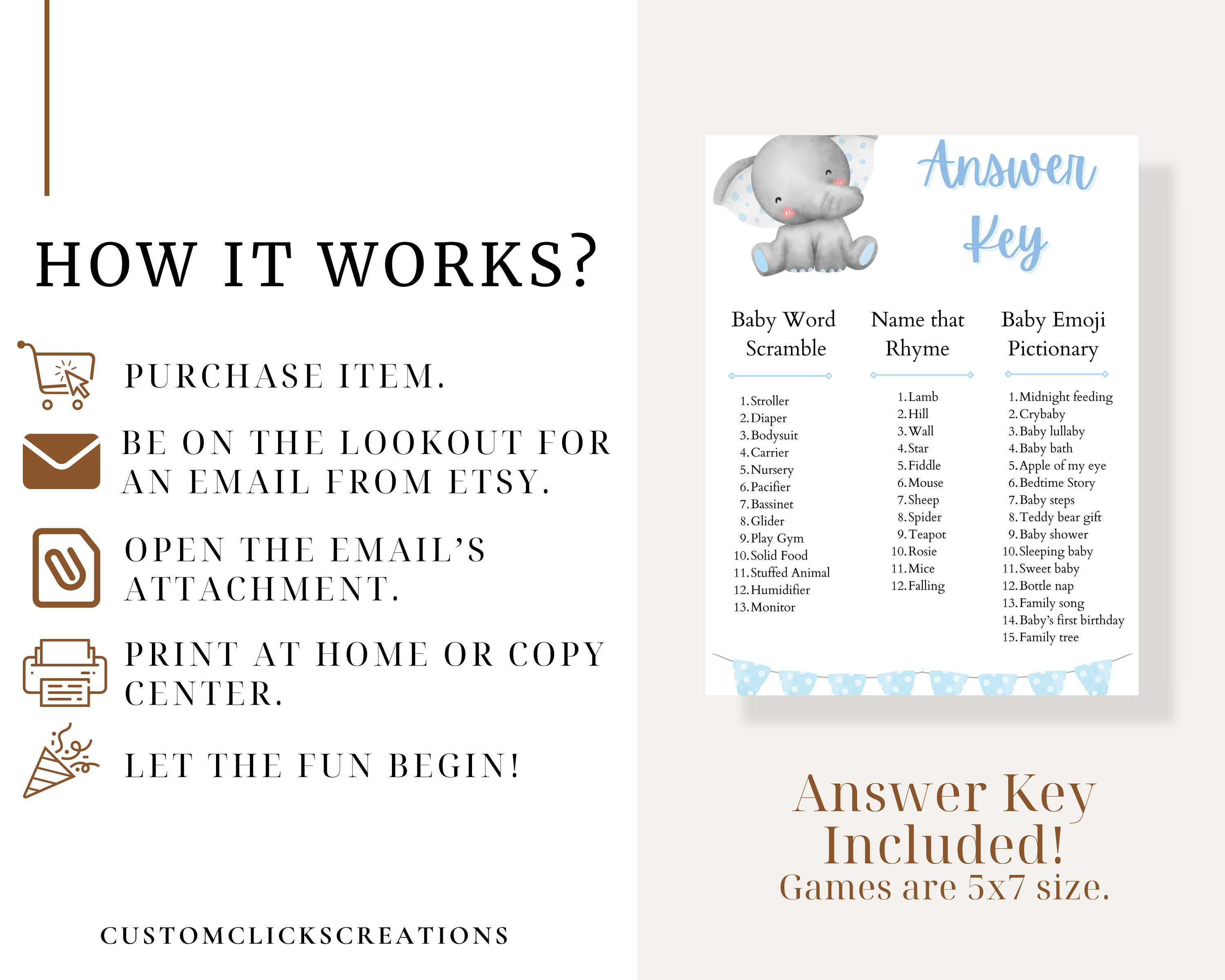 Elephant Baby Shower Games Bundle, Printable Blue Elephant Baby Shower ...