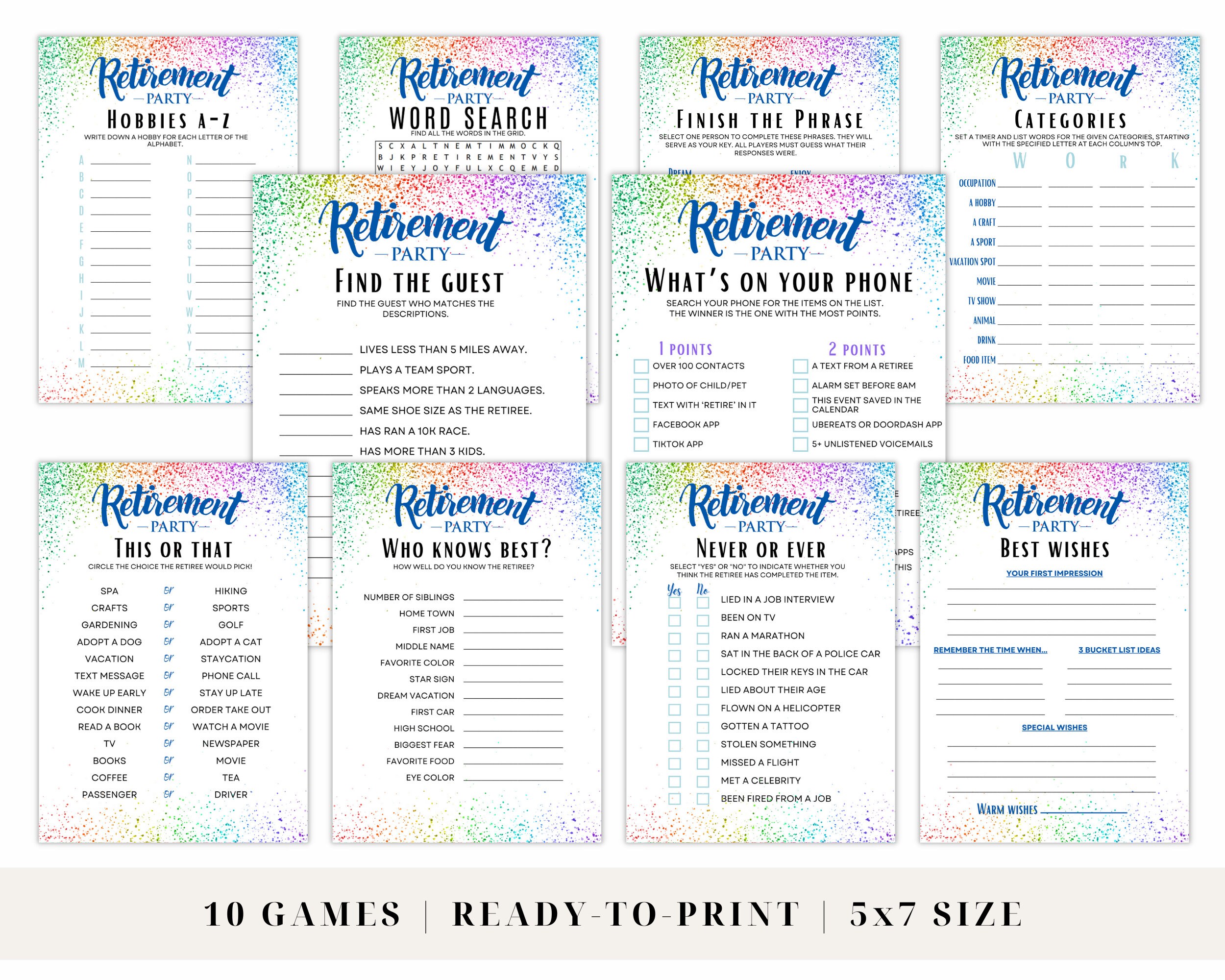Colorful Celebrations Retirement Party Games Bundle, Printable ...