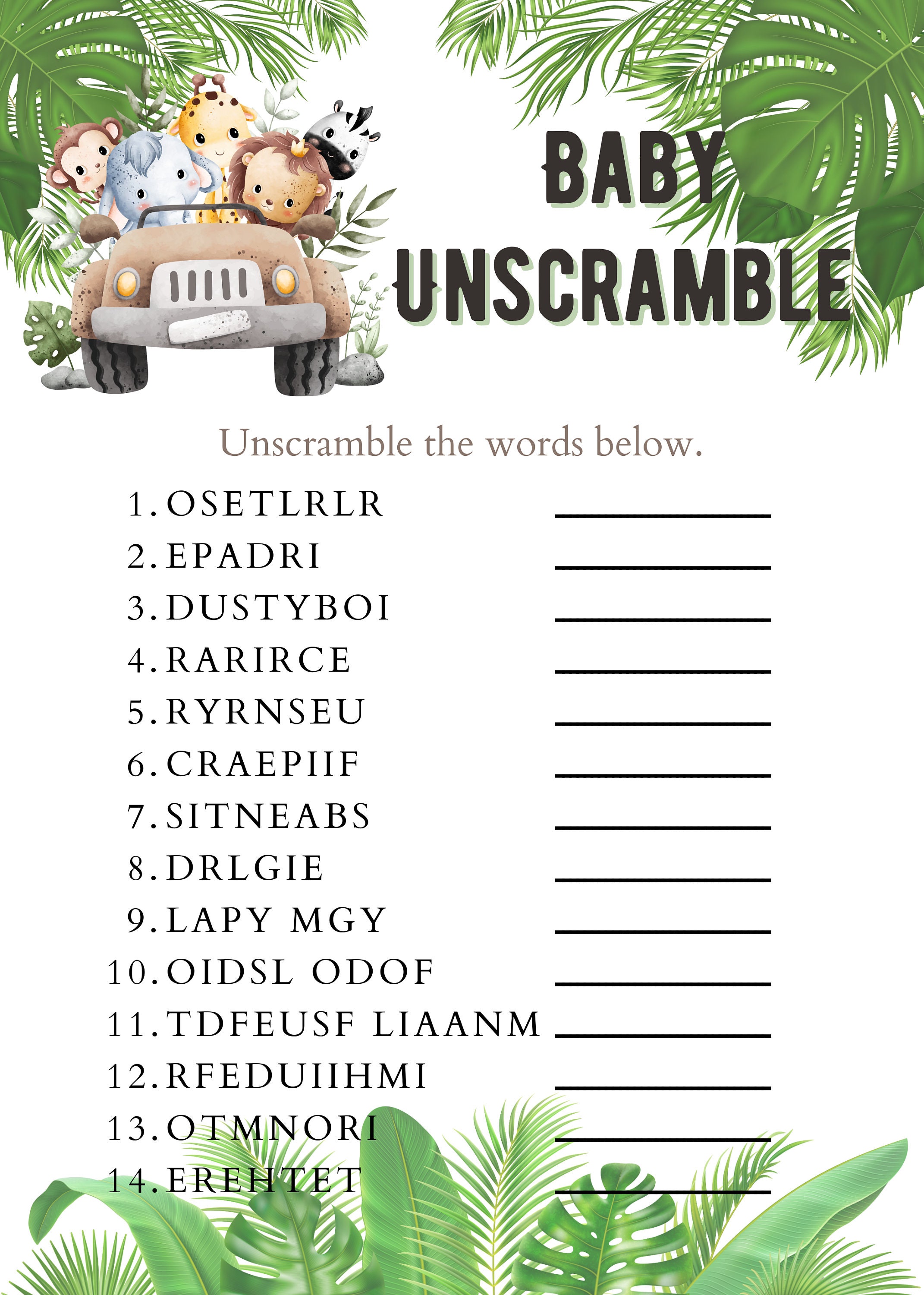 Safari Baby Shower Games Bundle, Printable Jungle Animals Baby Shower ...