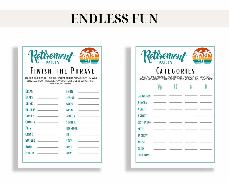 Palm Tree Retirement Party Games Bundle, Interactive Printable Games ...