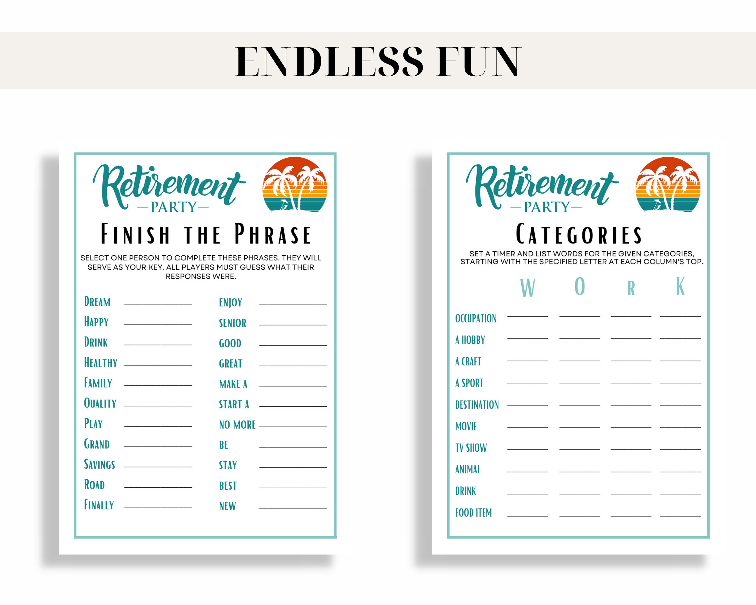 Palm Tree Retirement Party Games Bundle, Interactive Printable Games ...