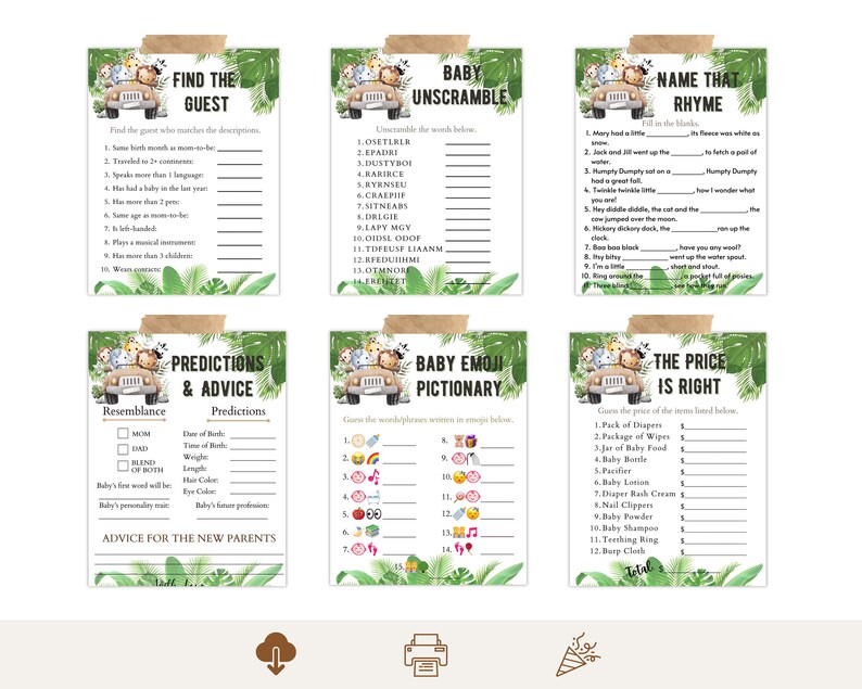 Safari Baby Shower Games Bundle, Printable Jungle Animals Baby Shower ...