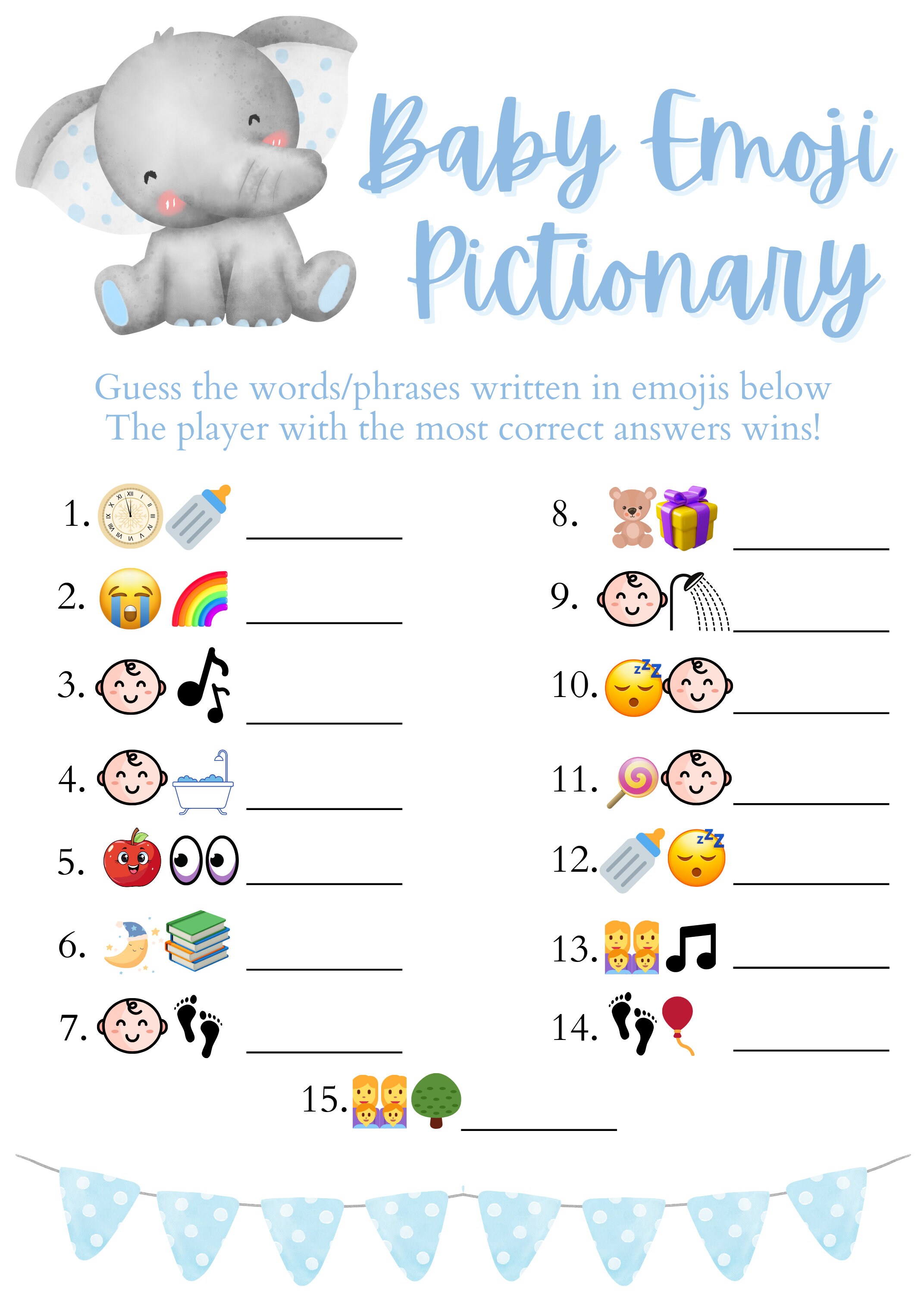 Elephant Baby Shower Games Bundle, Printable Blue Elephant Baby Shower ...