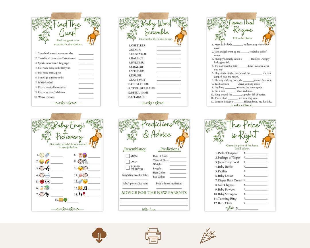 Monkey Themed Baby Shower Games Bundle, Gender Neutral Baby Shower ...