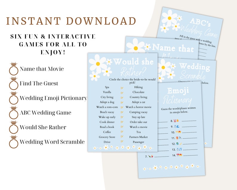 Blue Daisy Bridal Shower Games Bundle, Floral Bridal Shower Printable ...