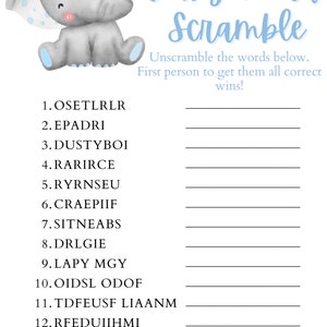 Elephant Baby Shower Games Bundle, Printable Blue Elephant Baby Shower ...