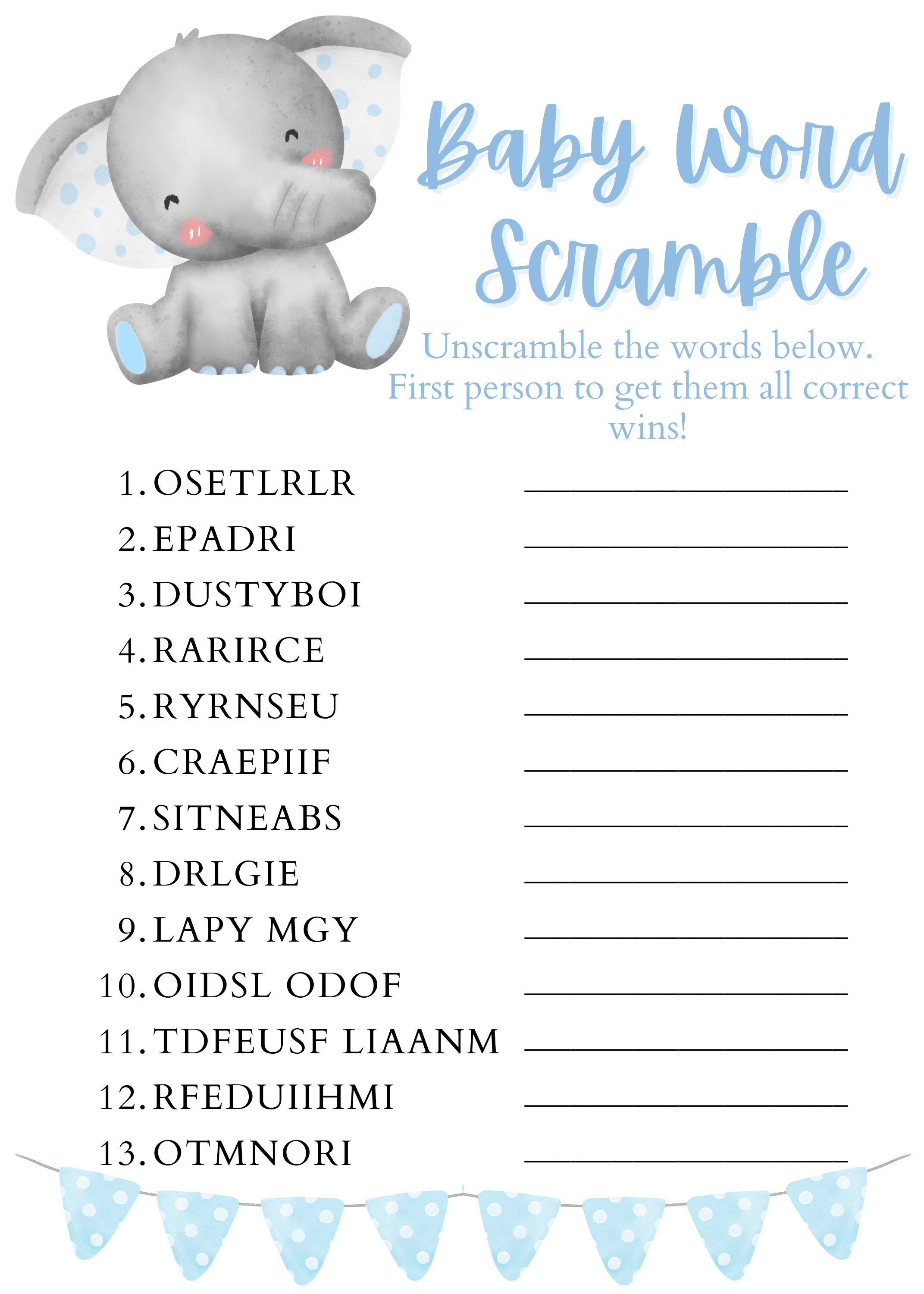 Elephant Baby Shower Games Bundle, Printable Blue Elephant Baby Shower ...