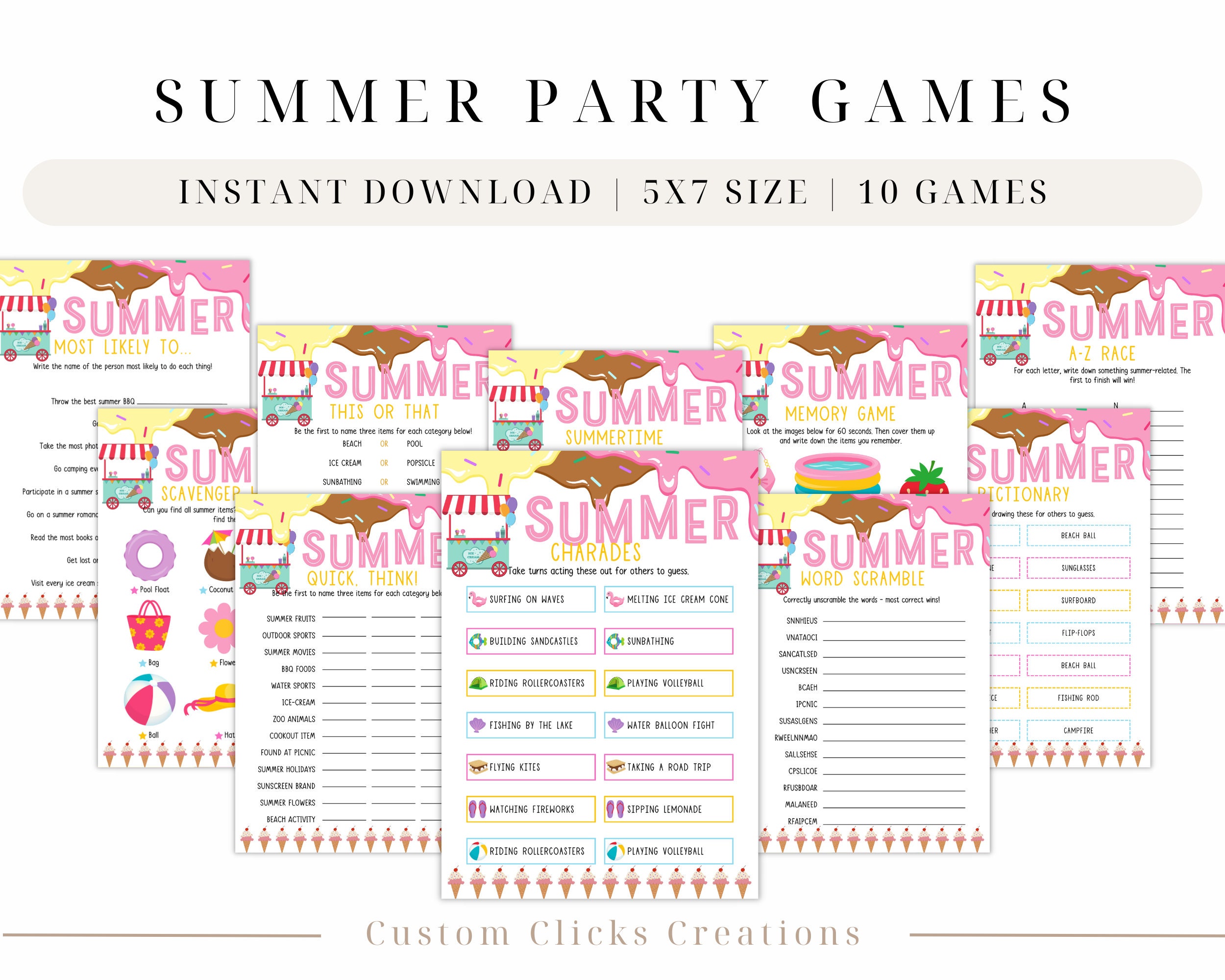 Ice Cream Delight Summer Party Games Bundle, Summer Birthday Games ...