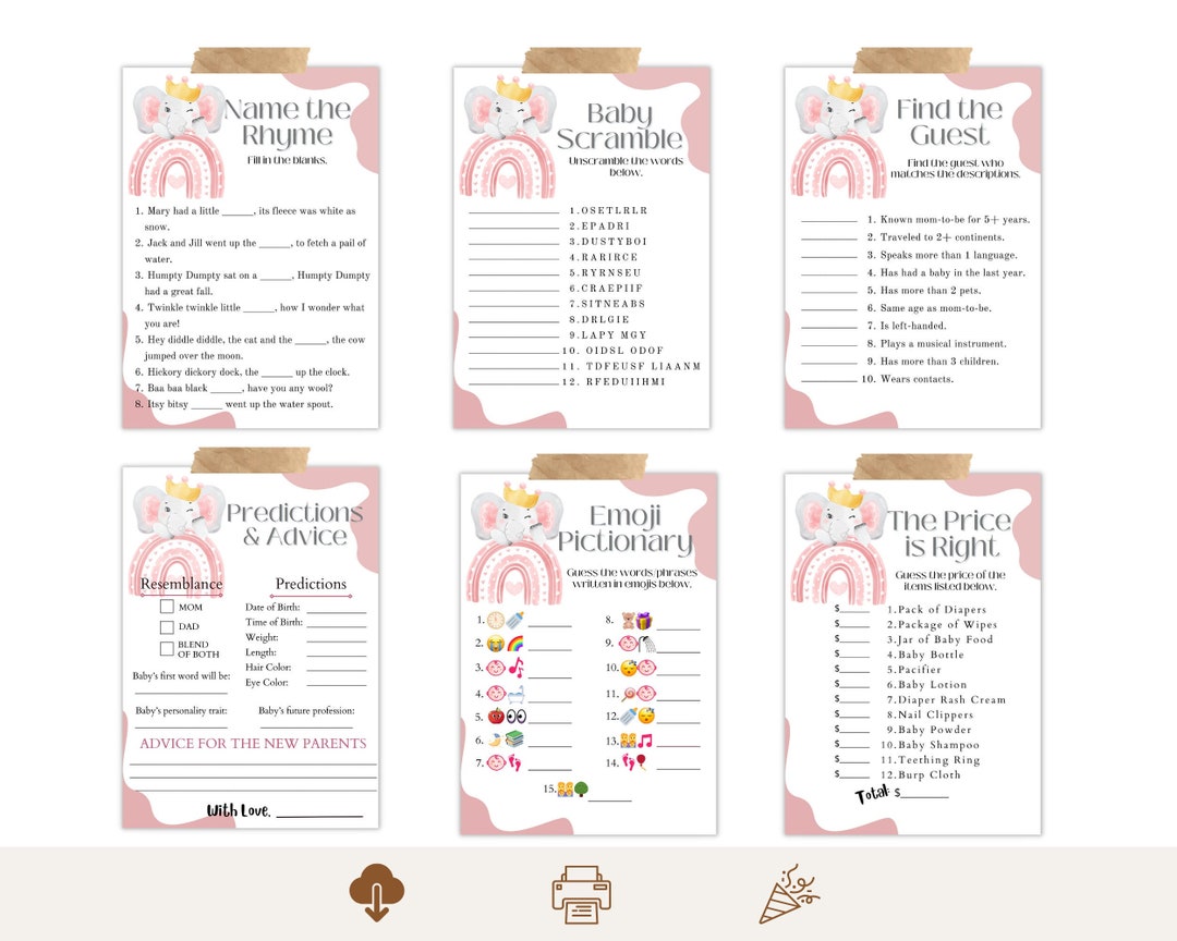 Pink Elephant Baby Shower Games Bundle, Baby Elephant Printable Games ...