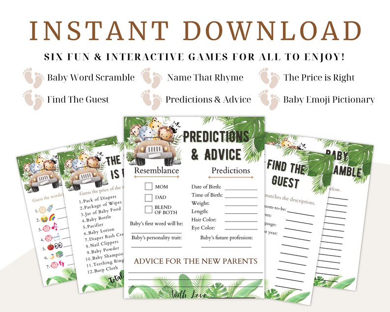 Safari Baby Shower Games Bundle, Printable Jungle Animals Baby Shower ...