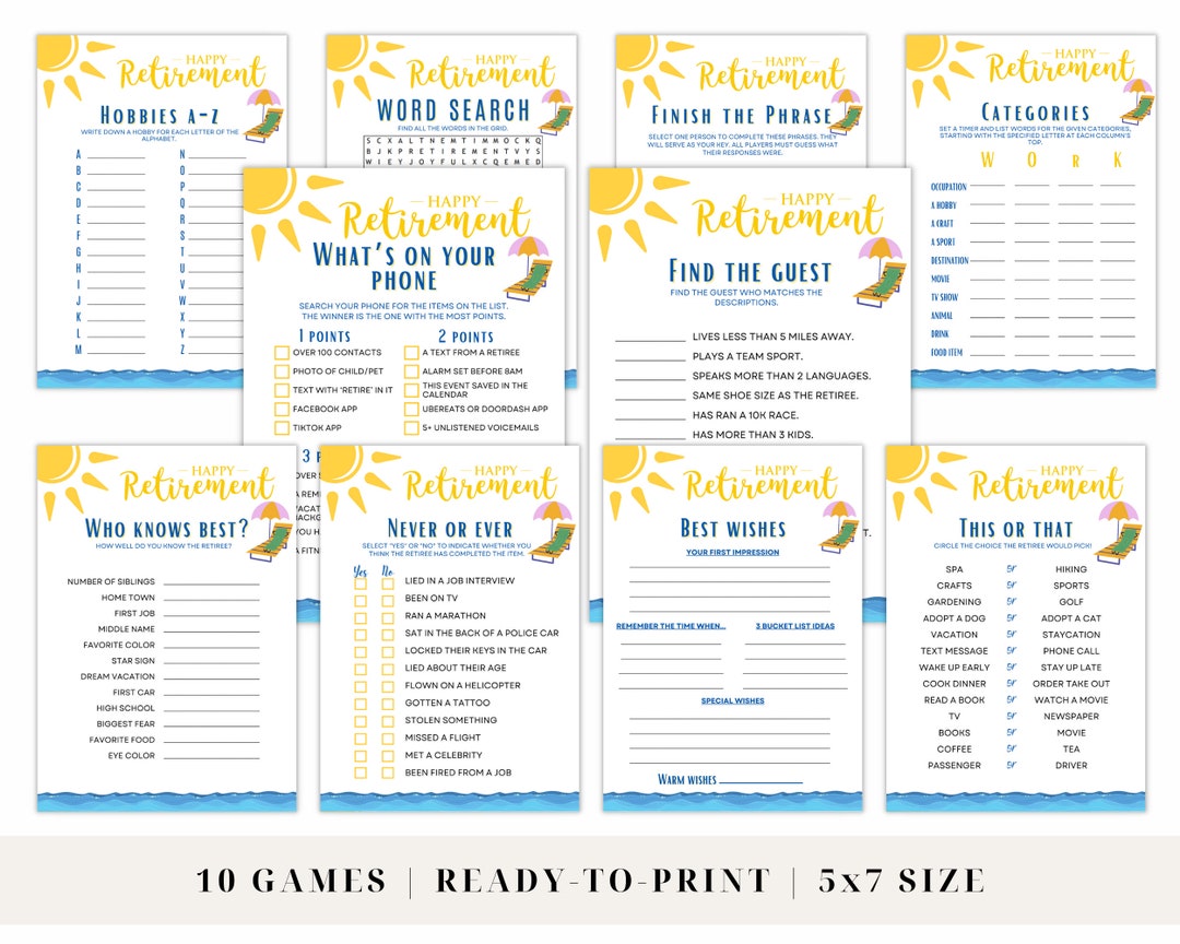 Sunshine Beach Retirement Party Games Bundle, Printable Games, Retiree ...