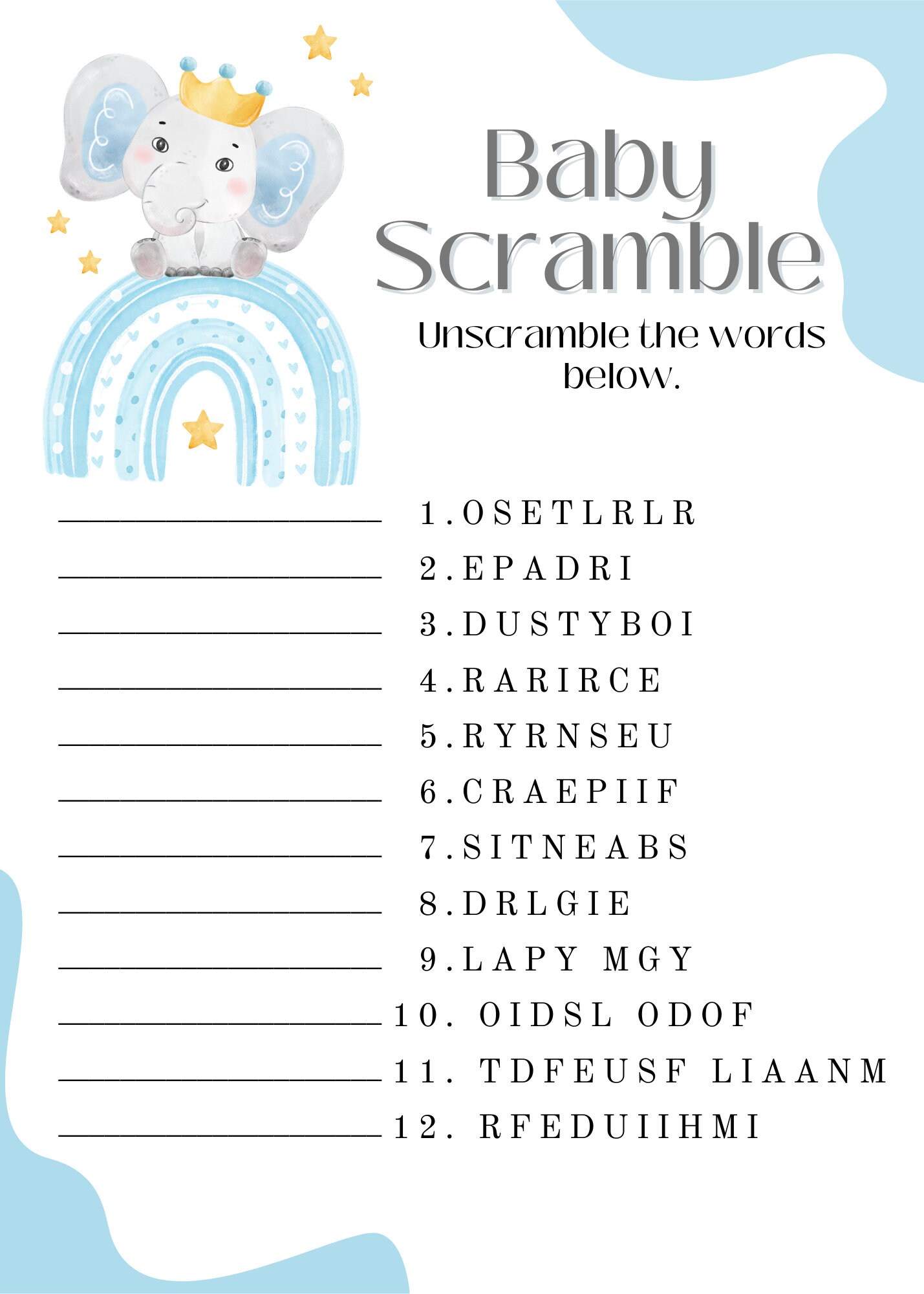 Blue Elephant Baby Shower Games Bundle, Baby Elephant Printable Games ...