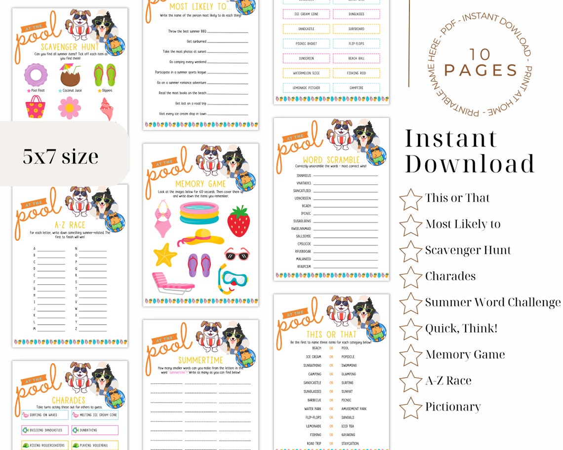Summer Pool Party Games Bundle, Printable Pool Party Activities Set ...