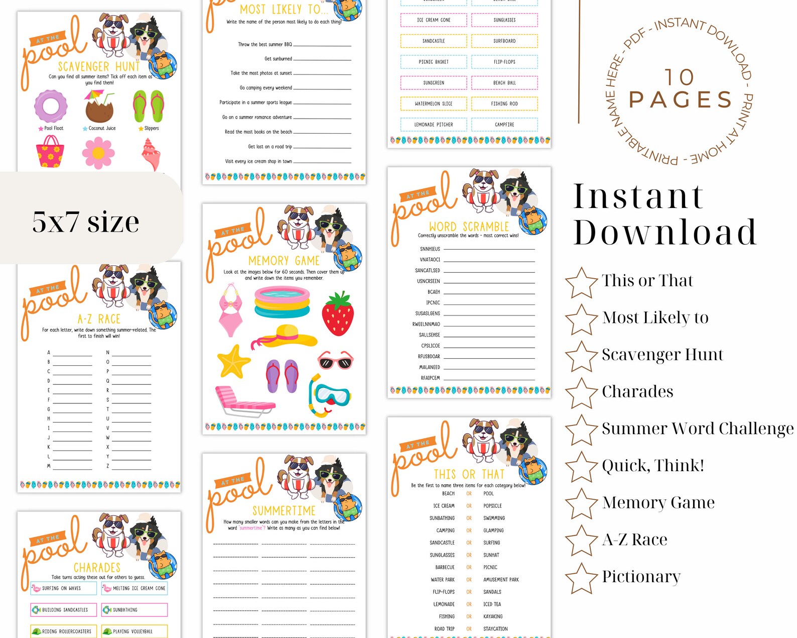 Summer Pool Party Games Bundle, Printable Pool Party Activities Set ...