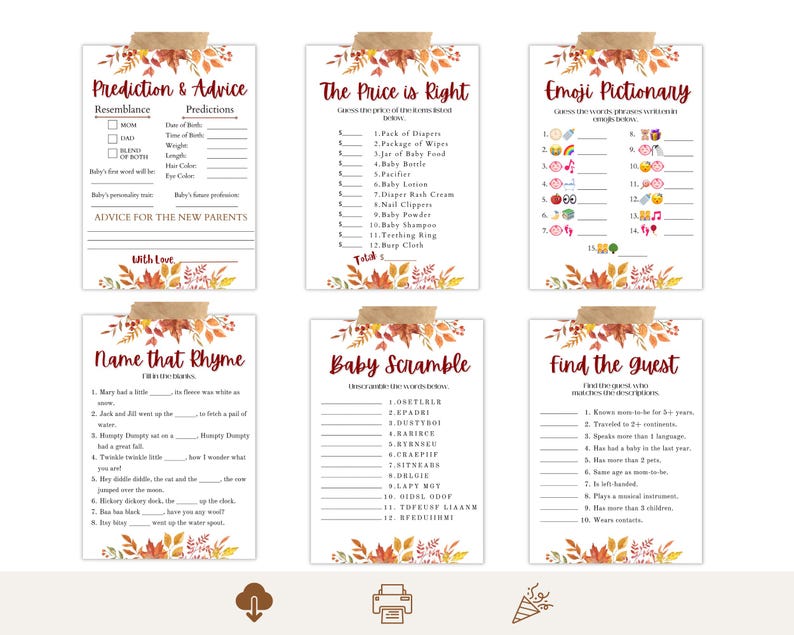 Autumn Baby Shower Games Bundle, Fall Leaves Printable Activities Pack ...