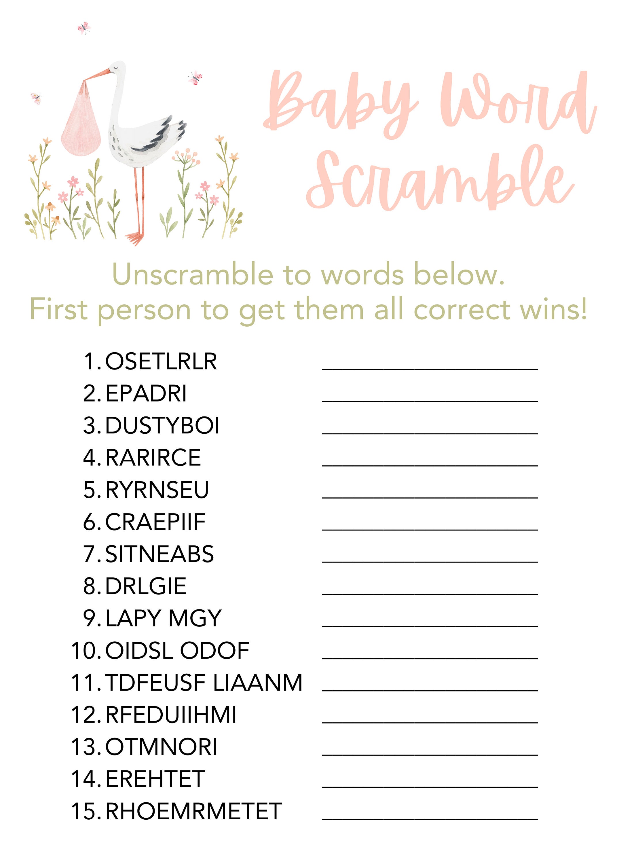 Boho Stork Baby Shower Games Bundle, Printable Girl Stork Baby Shower ...