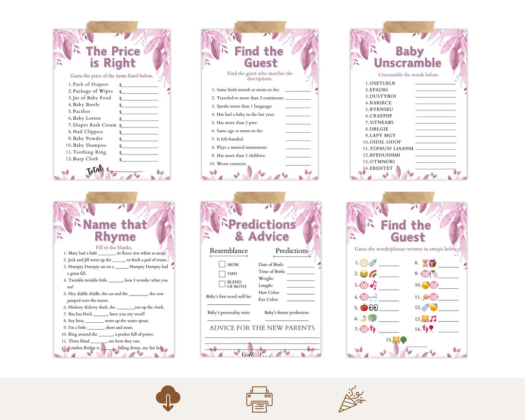 Printable Pink Floral Baby Shower Games Bundle, Chic Boho Girl Shower ...