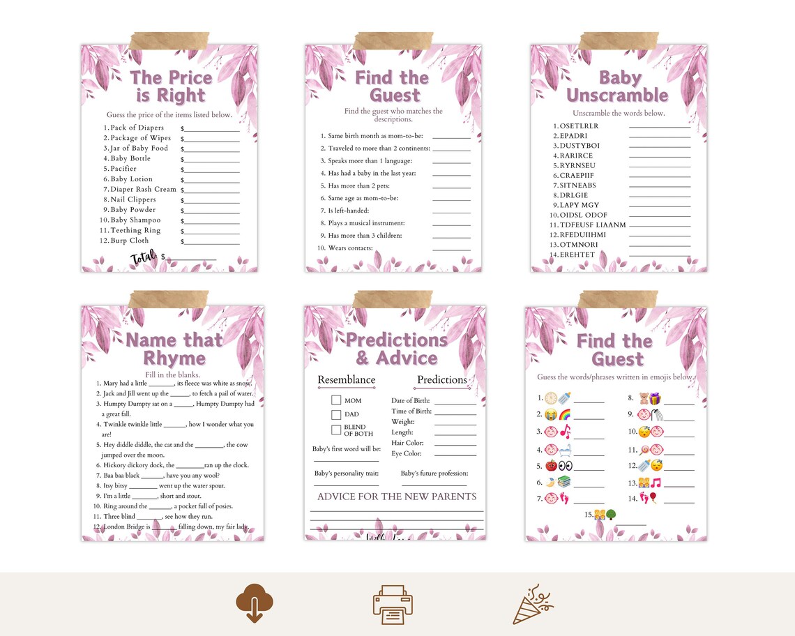 Printable Pink Floral Baby Shower Games Bundle, Chic Boho Girl Shower ...
