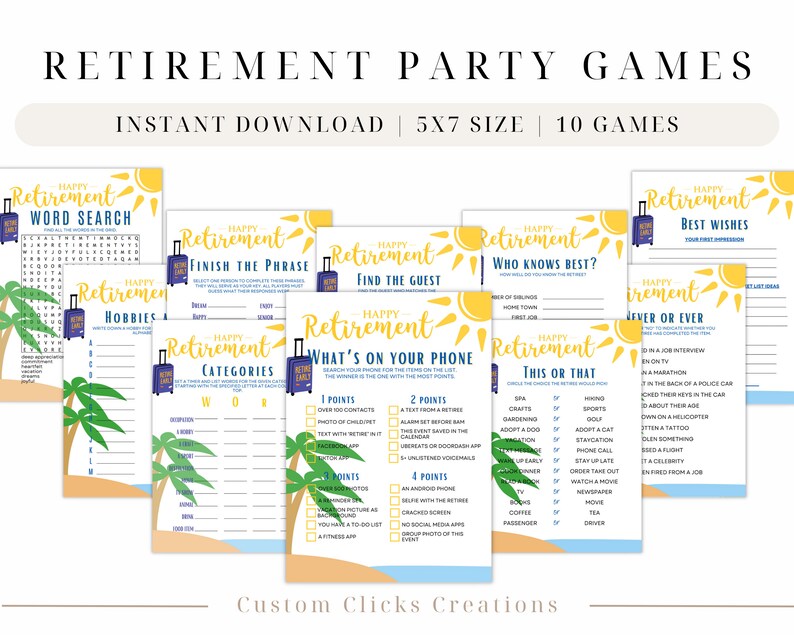 Beach Theme Retirement Party Games Bundle - Fun Printable Activities ...