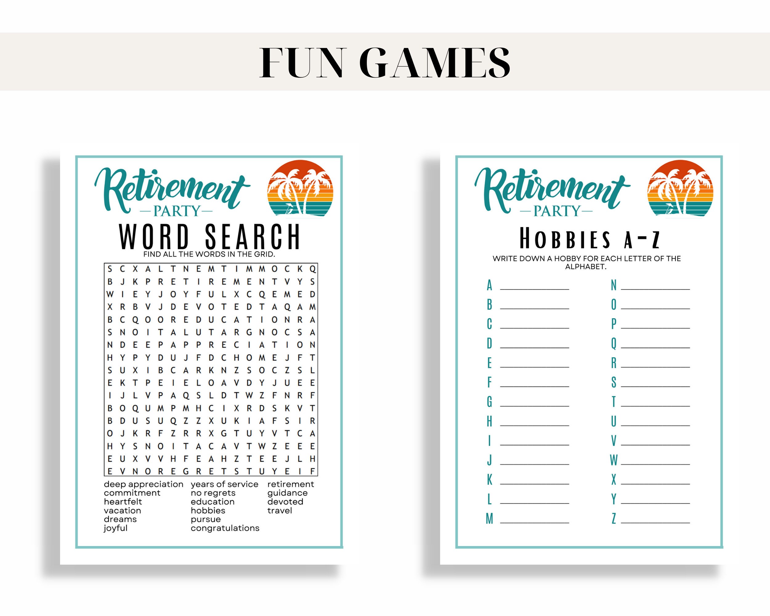 Palm Tree Retirement Party Games Bundle, Interactive Printable Games ...