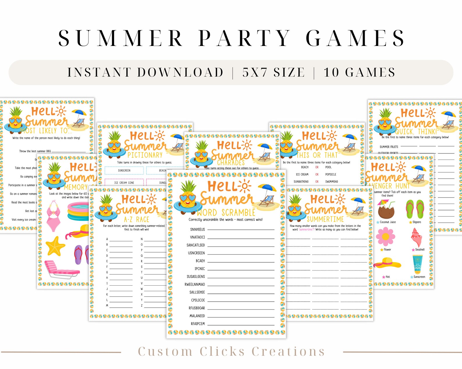 Hello Summer Party Games Bundle, Beach Party Games Set, Summer ...