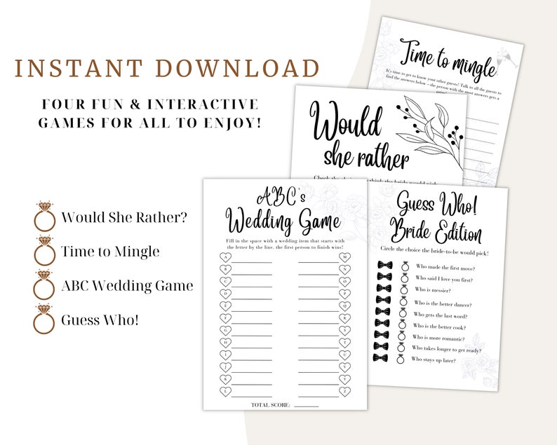Bridal Shower Games Bundle, Printable Wedding Shower Games Pack, Modern ...