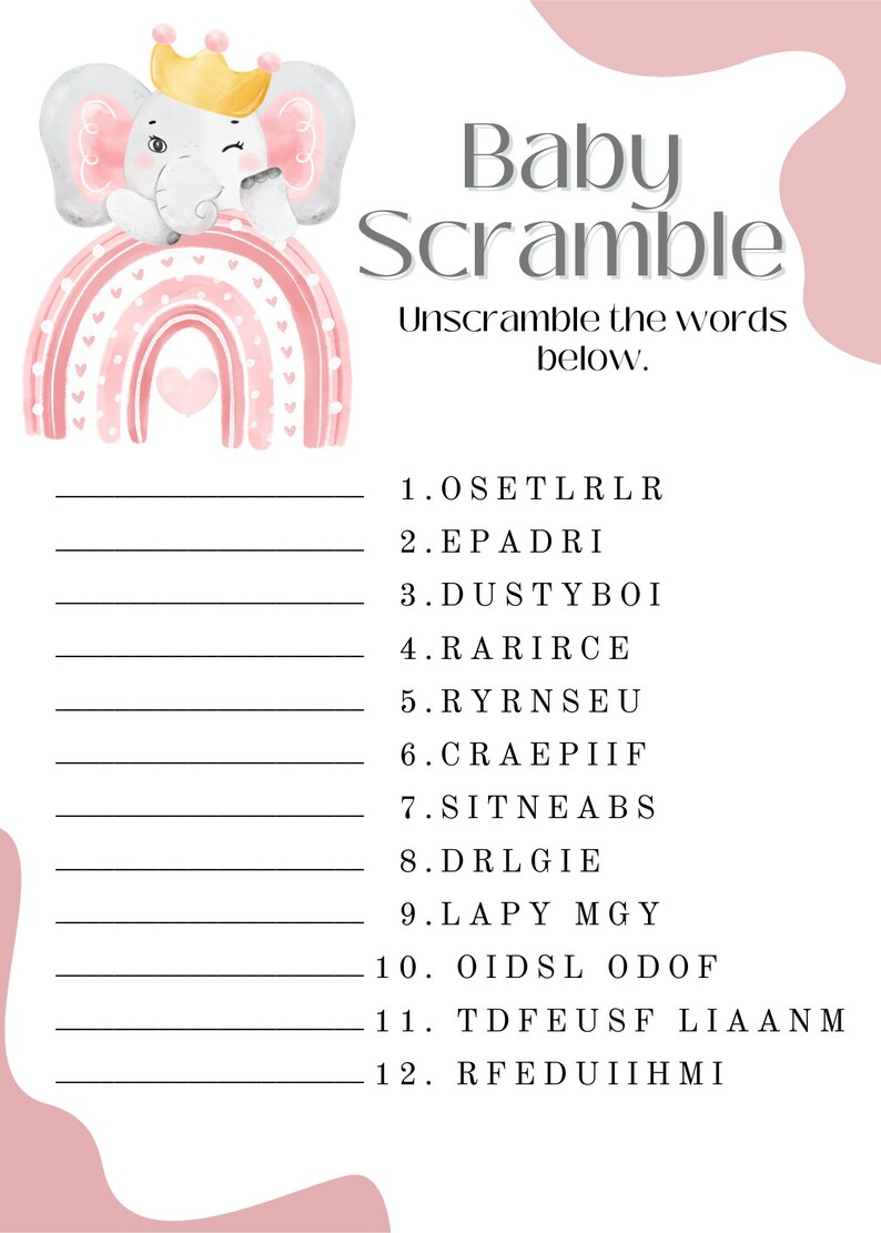 Pink Elephant Baby Shower Games Bundle, Baby Elephant Printable Games ...