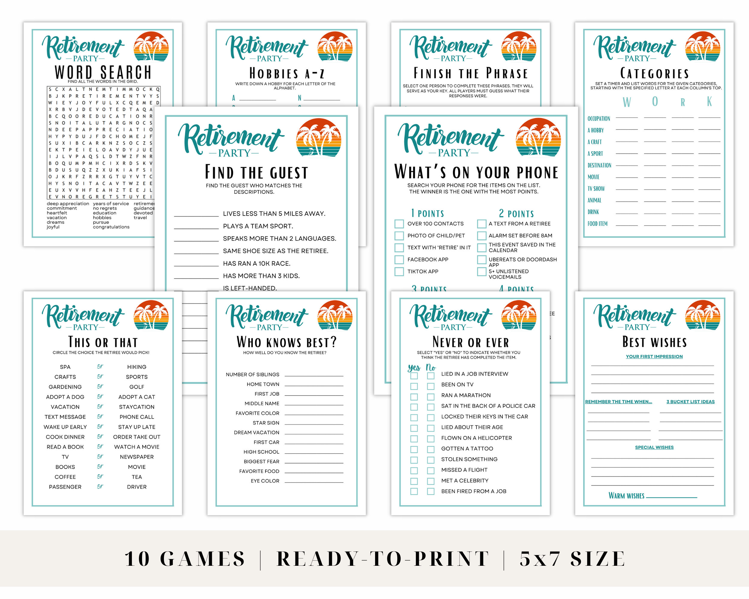 Palm Tree Retirement Party Games Bundle, Interactive Printable Games ...