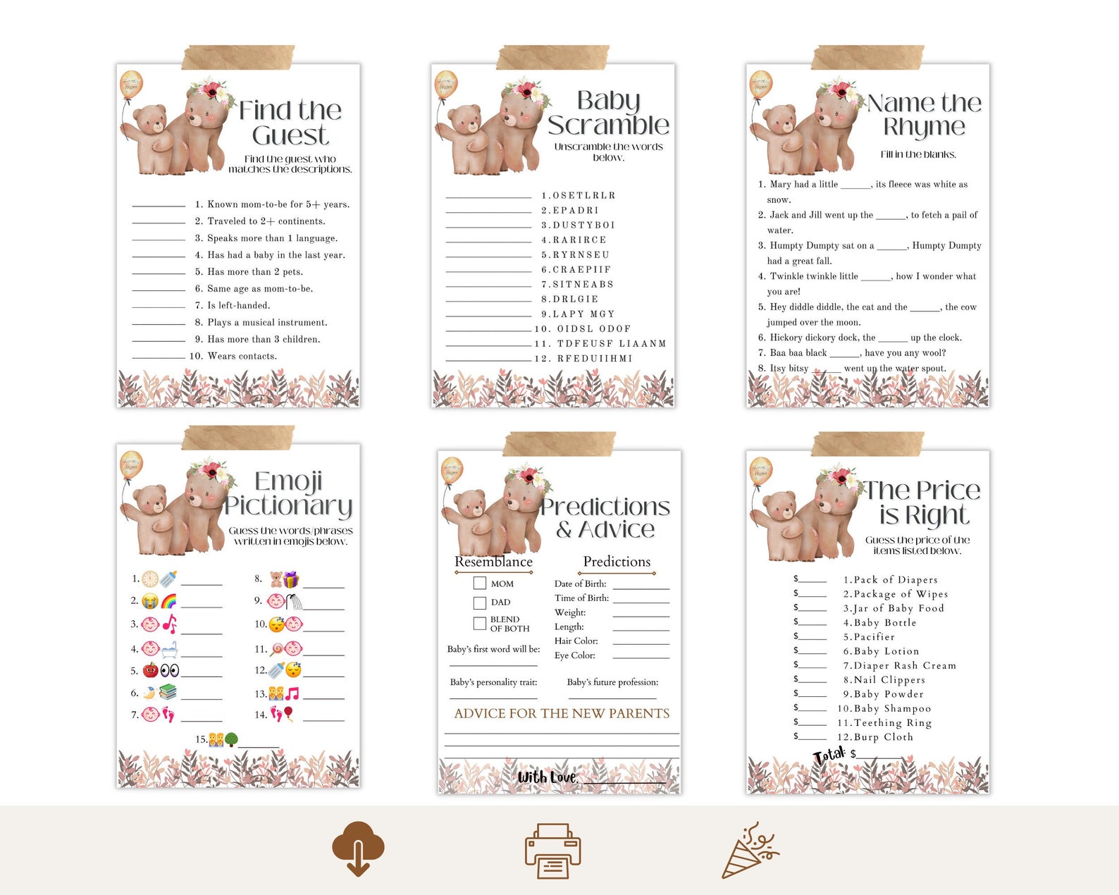 Mama Bear Baby Shower Games Bundle, Mama Baby Bear Printable Games, Teddy Bear Baby Shower ...