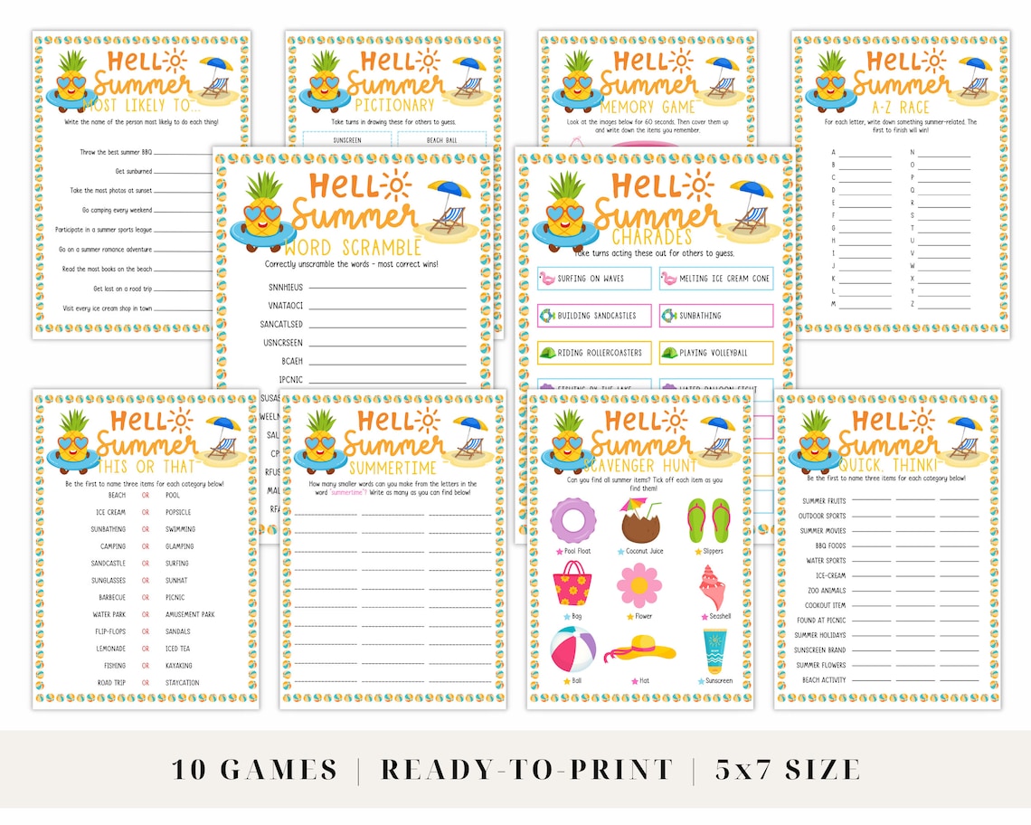 Hello Summer Party Games Bundle, Beach Party Games Set, Summer ...