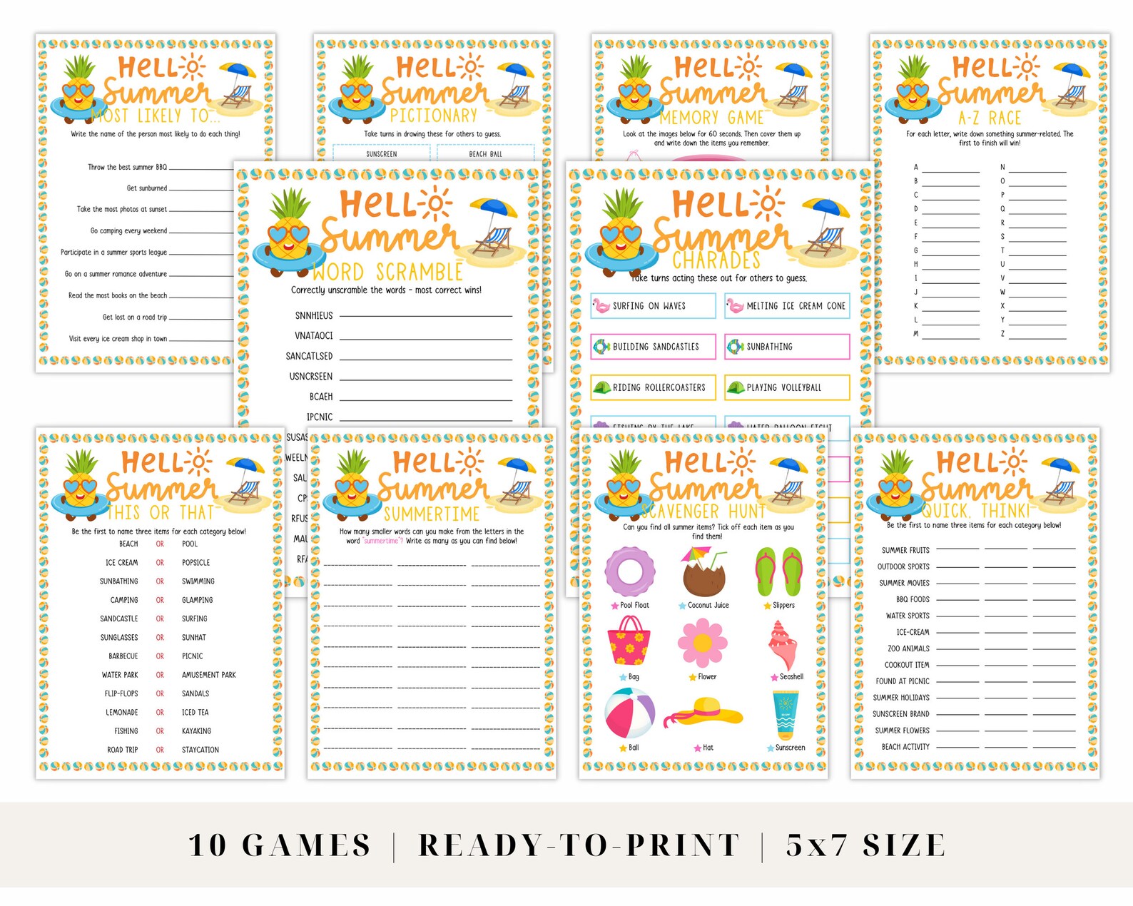 Hello Summer Party Games Bundle, Beach Party Games Set, Summer ...