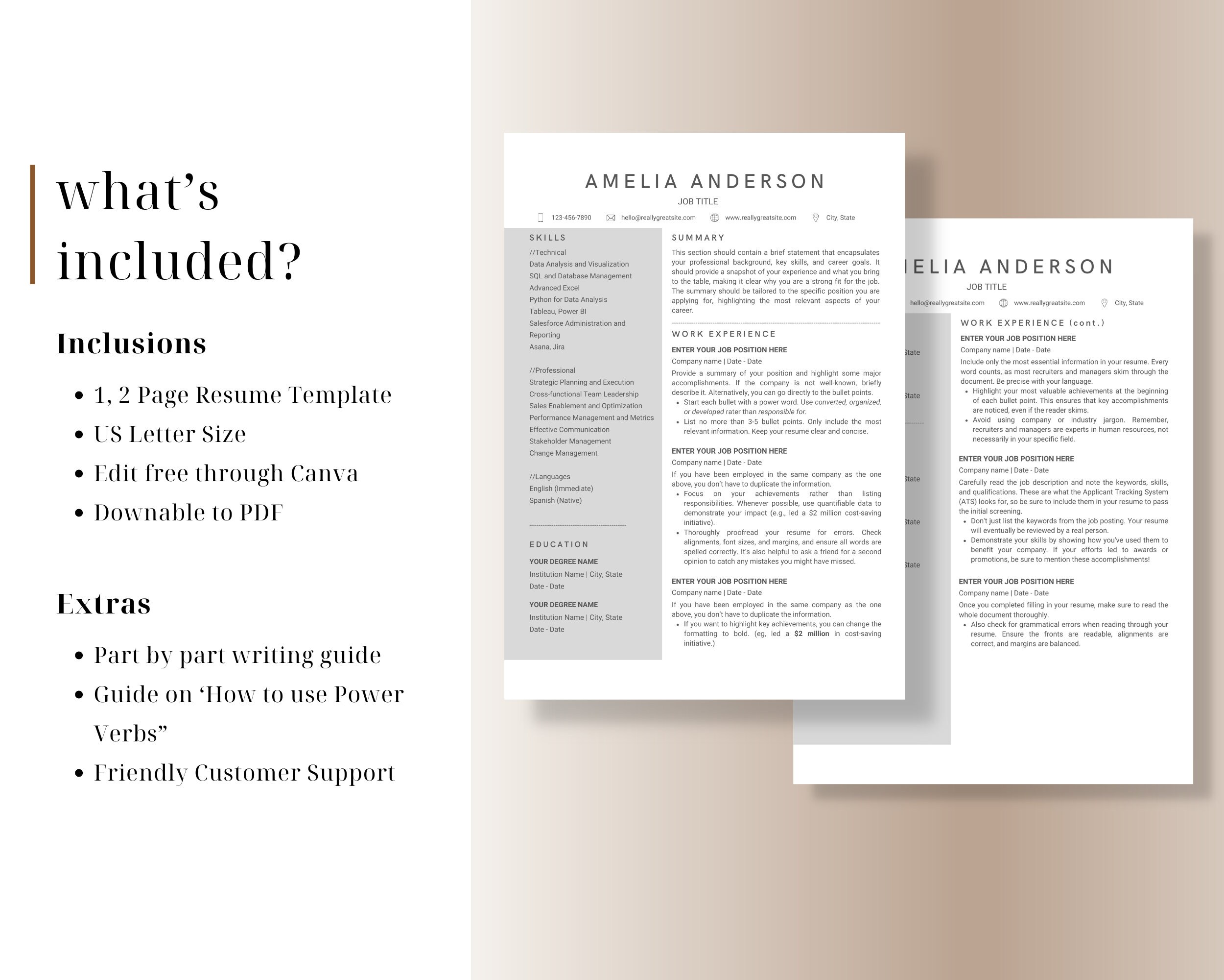 Clean Resume Template Canva, One Page Resume, Editable Professional ...