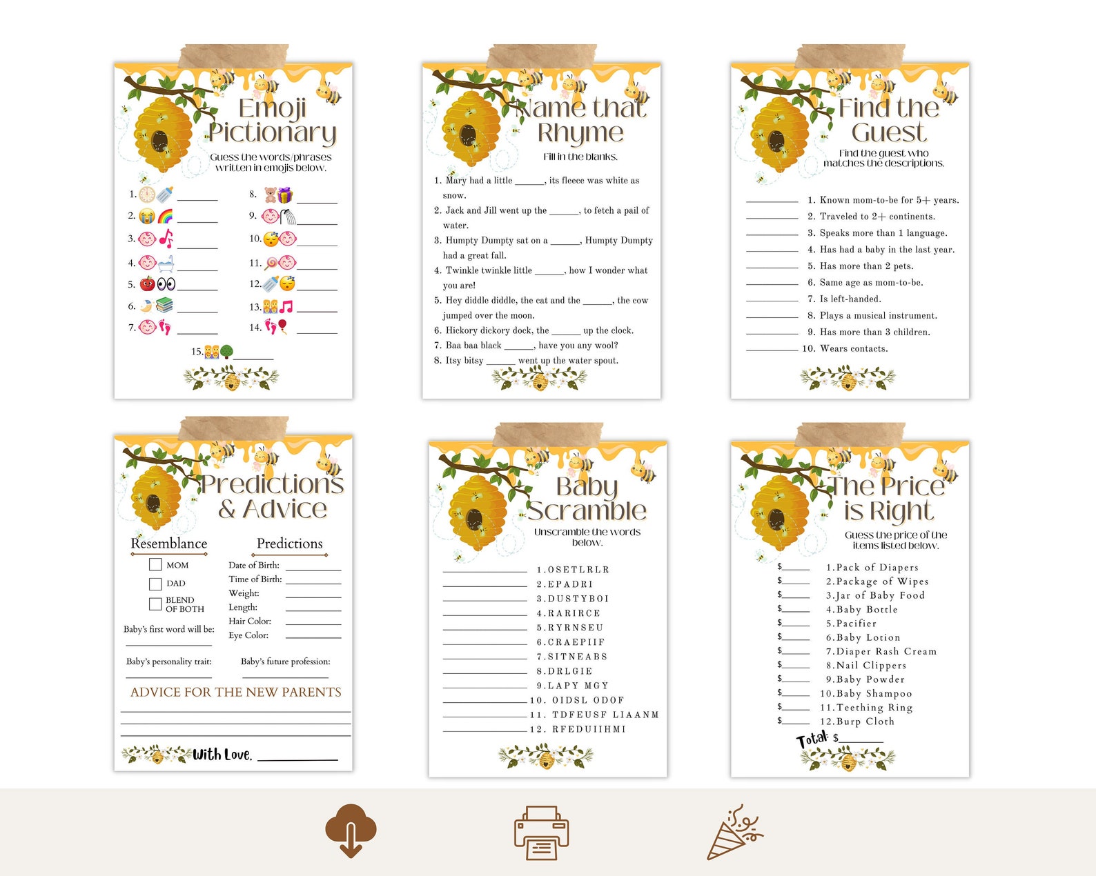 Bee Hive Baby Shower Games Bundle, Gender Neutral Printable Games ...