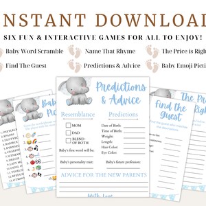 Elephant Baby Shower Games Bundle, Printable Blue Elephant Baby Shower ...